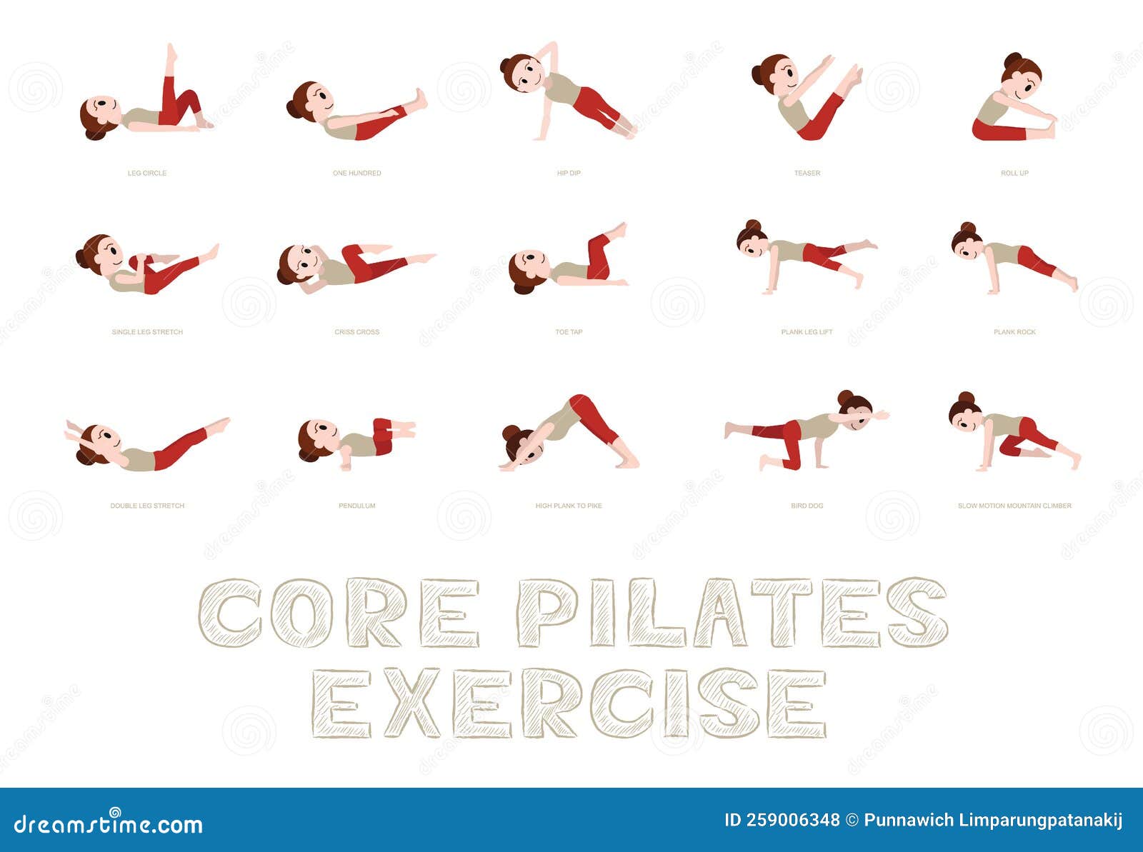 Pilates Core Exercise Pose Cartoon Vector Illustration Set Stock Vector ...