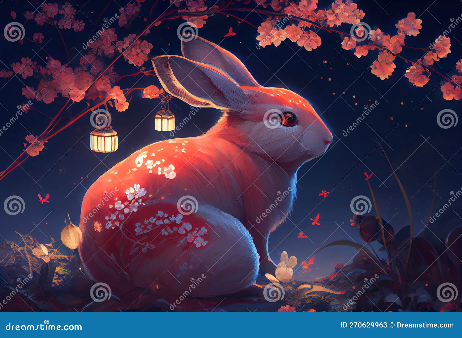 Rabbit with Cherry Blossom Flowers in the Night. Digital Art Stock ...