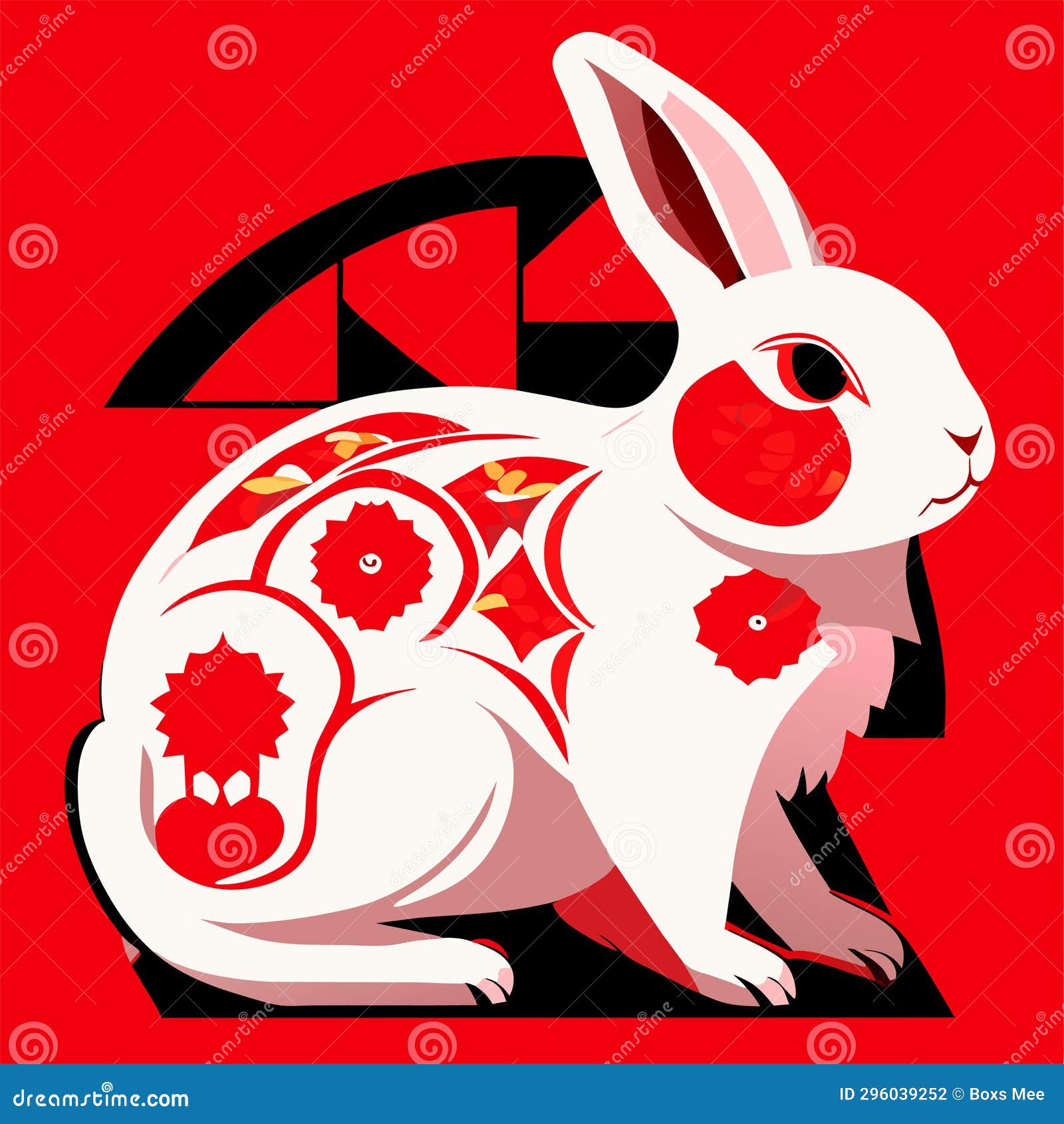 Rabbit with Chinese Pattern on a Red Background. Vector Illustration ...