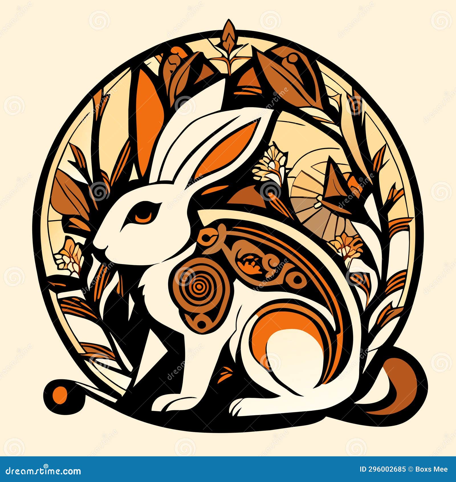 Rabbit in the Circle with Leaves. Vector Illustration in Doodle Style ...