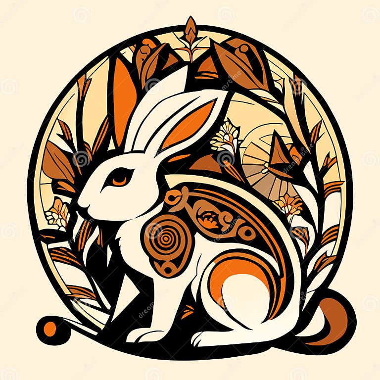 Rabbit in the Circle with Leaves. Vector Illustration in Doodle Style ...