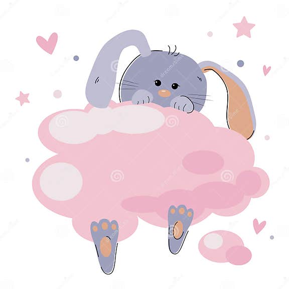 Rabbit on a Cloud Cute Childish Vector Illustration on a White ...