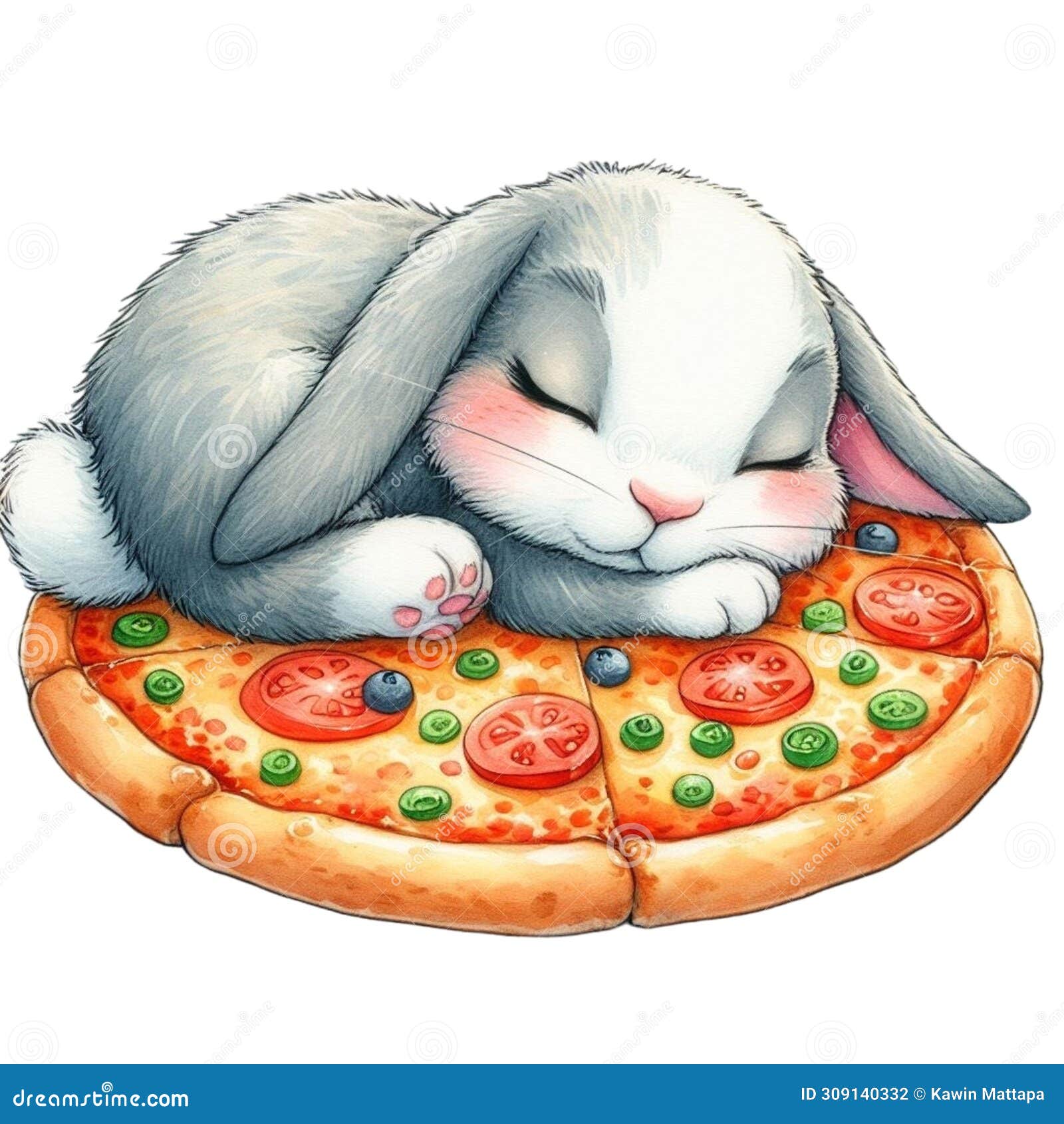 Rabbit Cute Sleeping in the Pizza Clipart Watercolor Stock Illustration ...