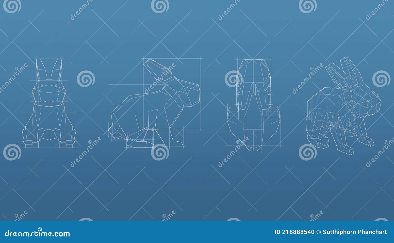 Cow 3d Blueprint Mesh Model On A Blue Background. Front View ...