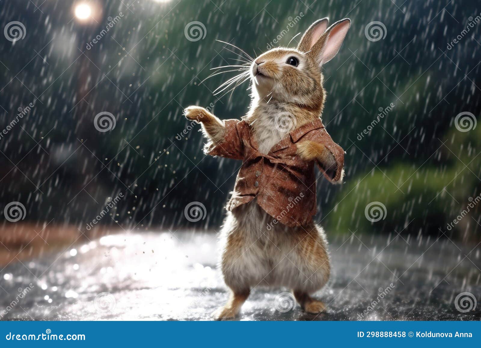 Rabbit dancing in the rain stock photo. Image of cute - 298888458