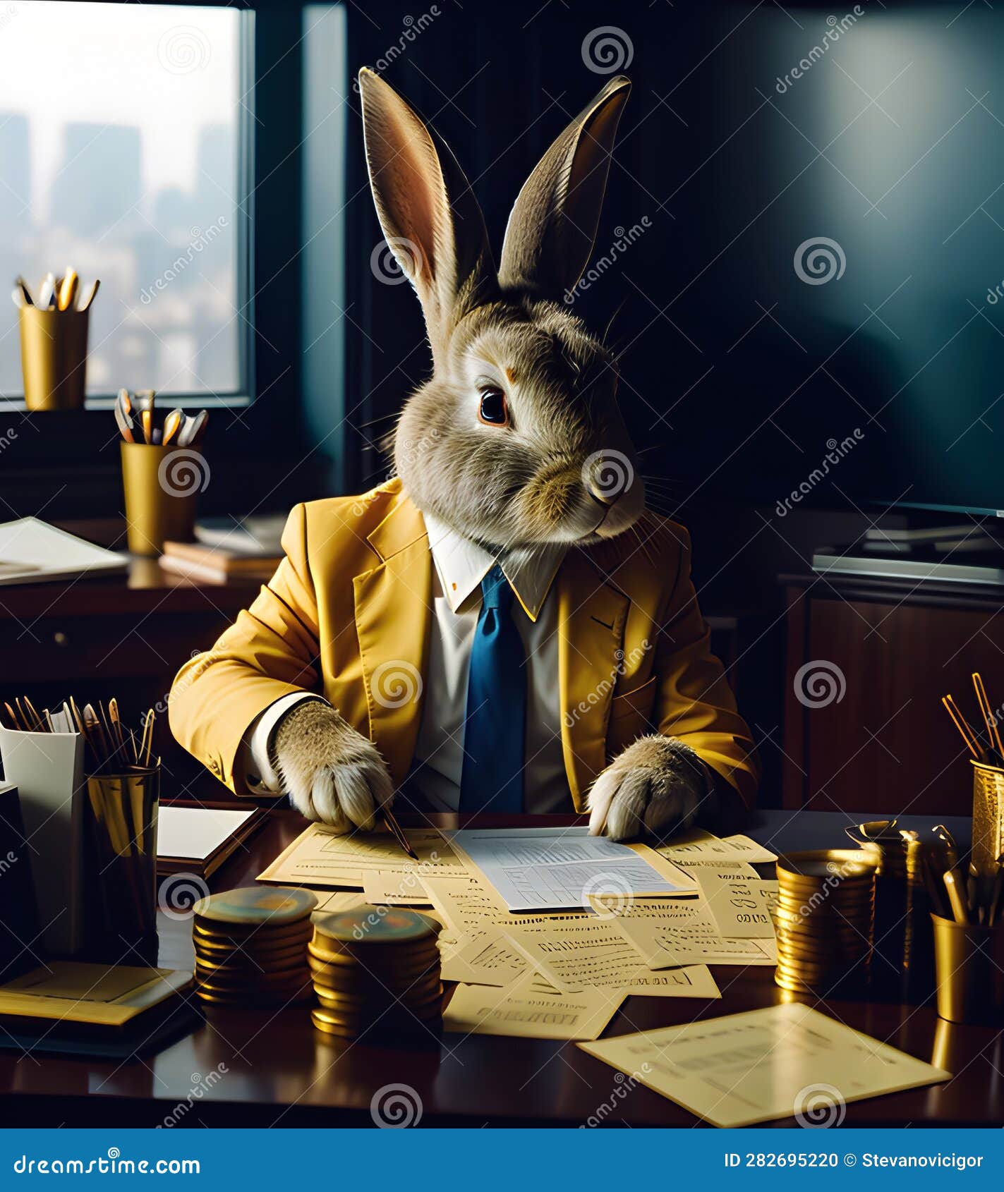 Rabbit Dressed As Businessman Doing Paperwork at Office Desk ...