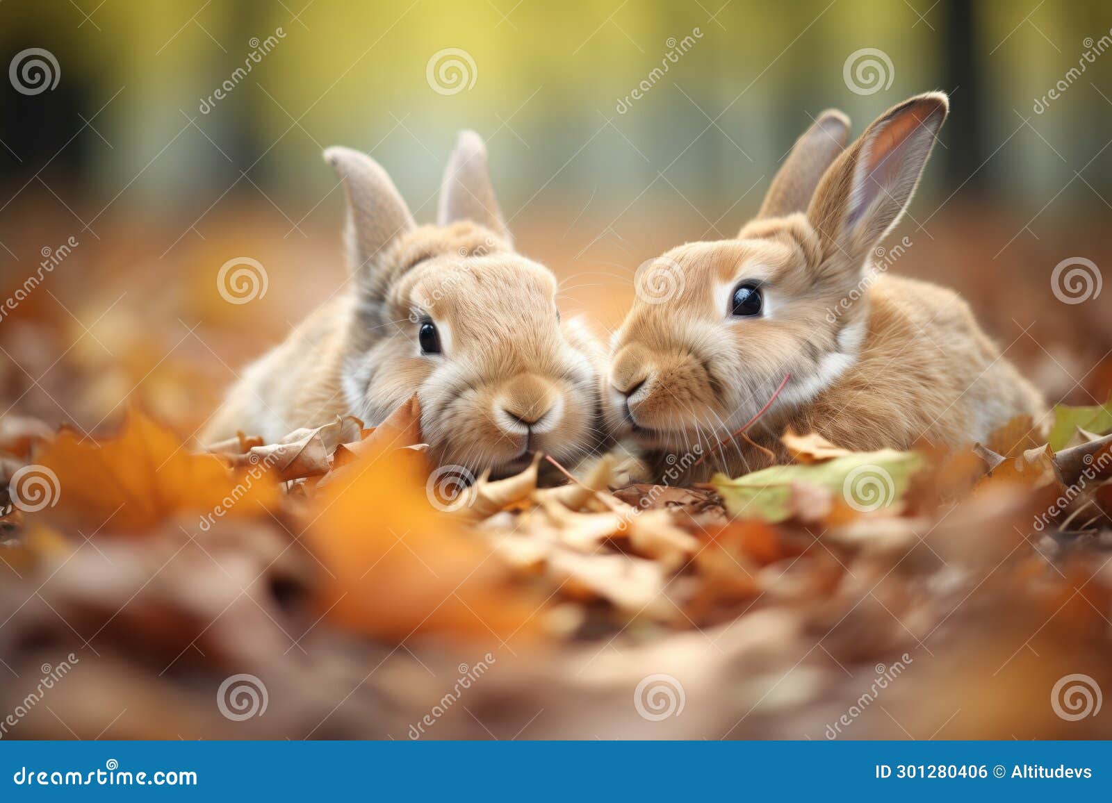 A Rabbit Duo Grooming on a Bed of Autumn Leaves Stock Photo - Image of ...