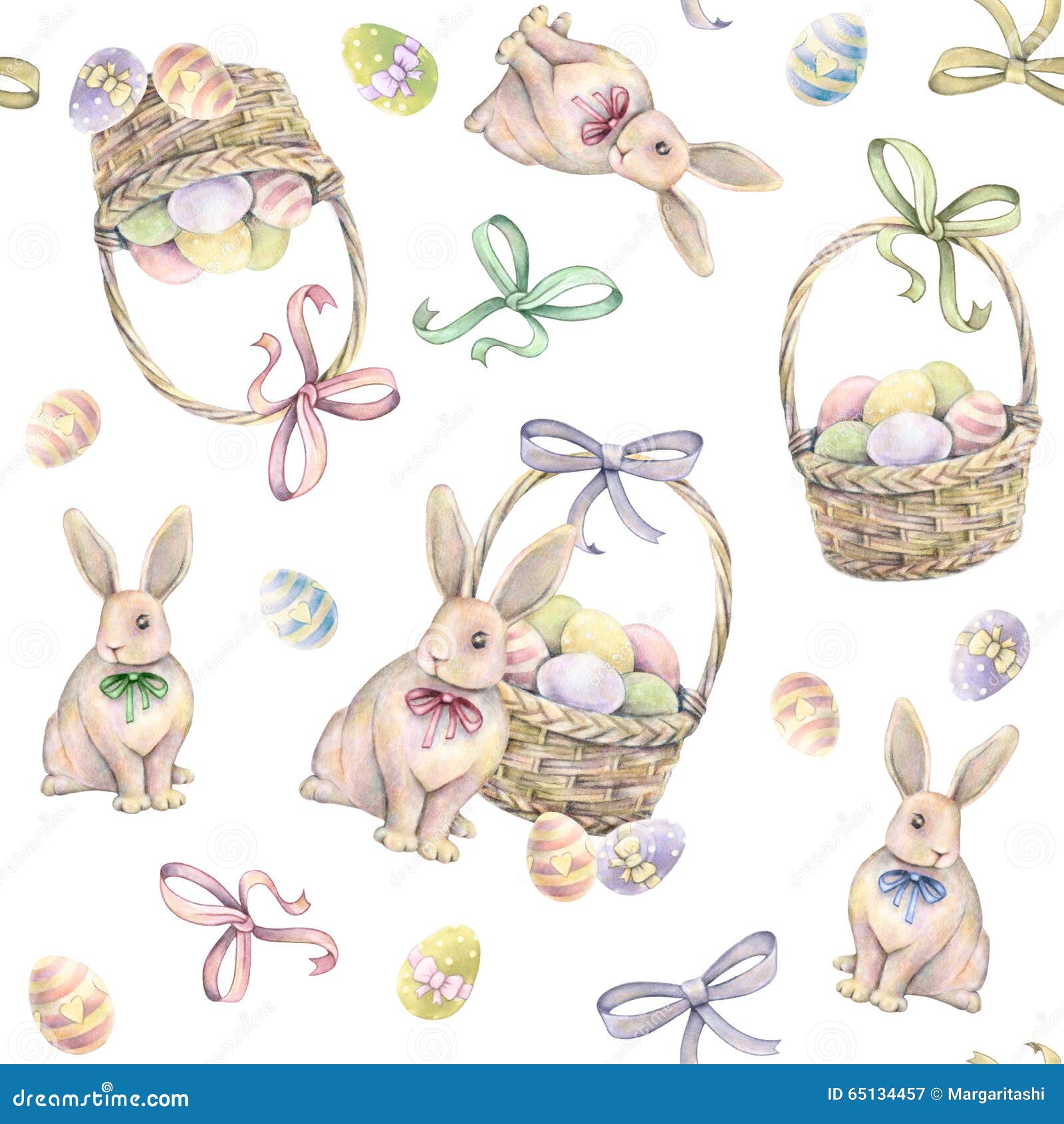Rabbit with Easter Basket on a White Background. Color Easter Eggs ...