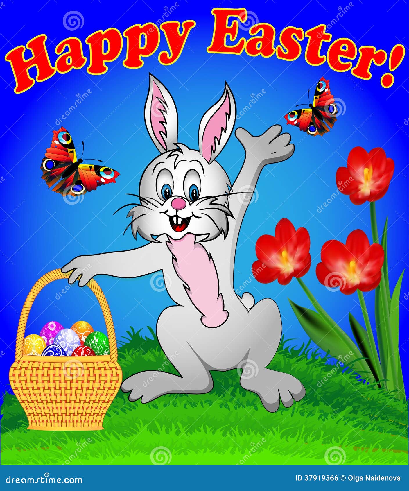 Rabbit with Easter Eggs in the Basket Cartoon with Stock Vector ...