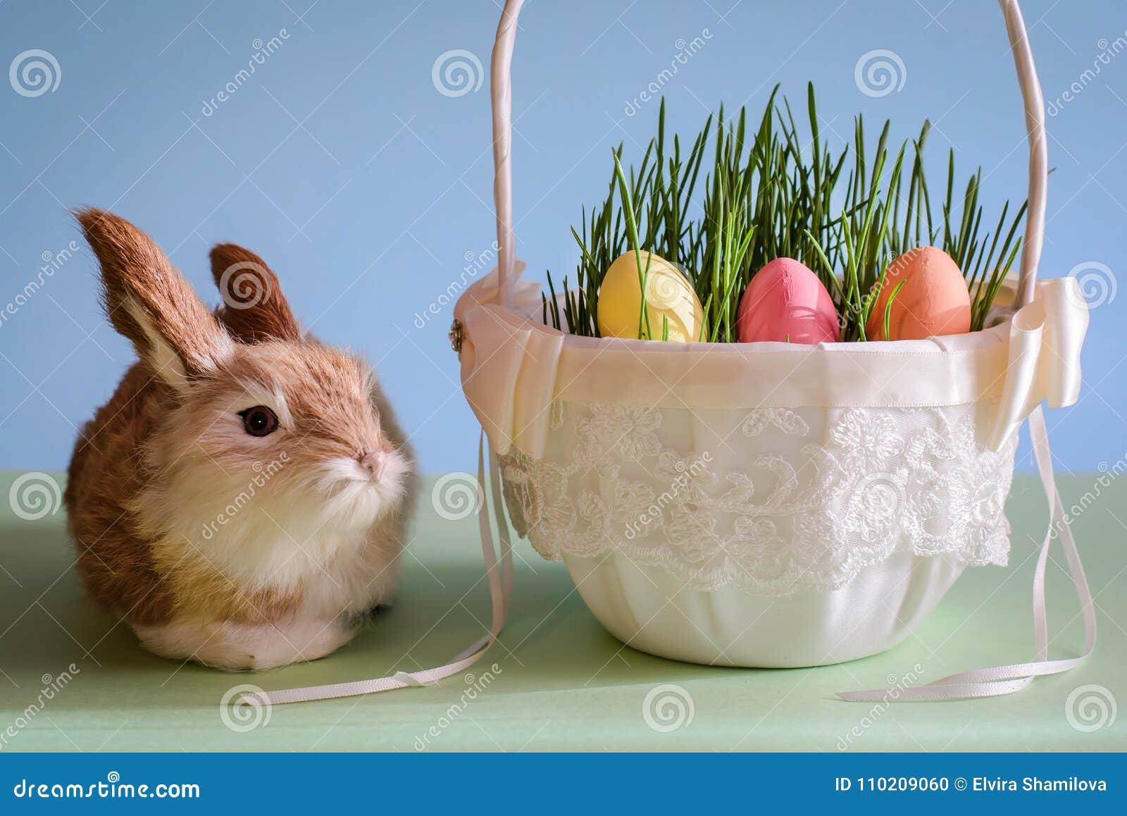 Rabbit and Easter Eggs in the Basket Stock Photo - Image of satin ...