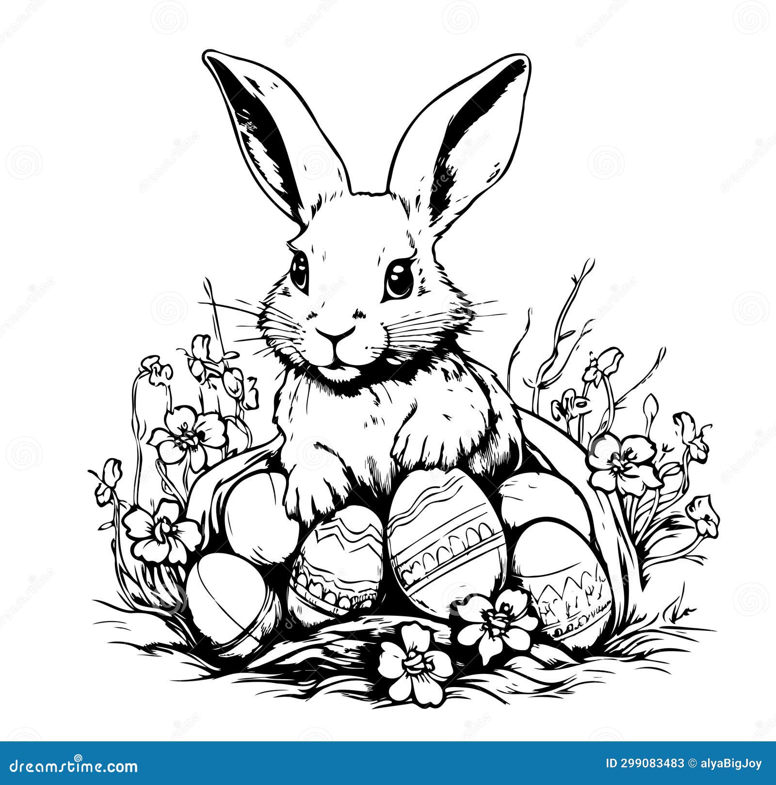 Rabbit with Easter Eggs Illustration, Drawing, Engraving, Line Art ...