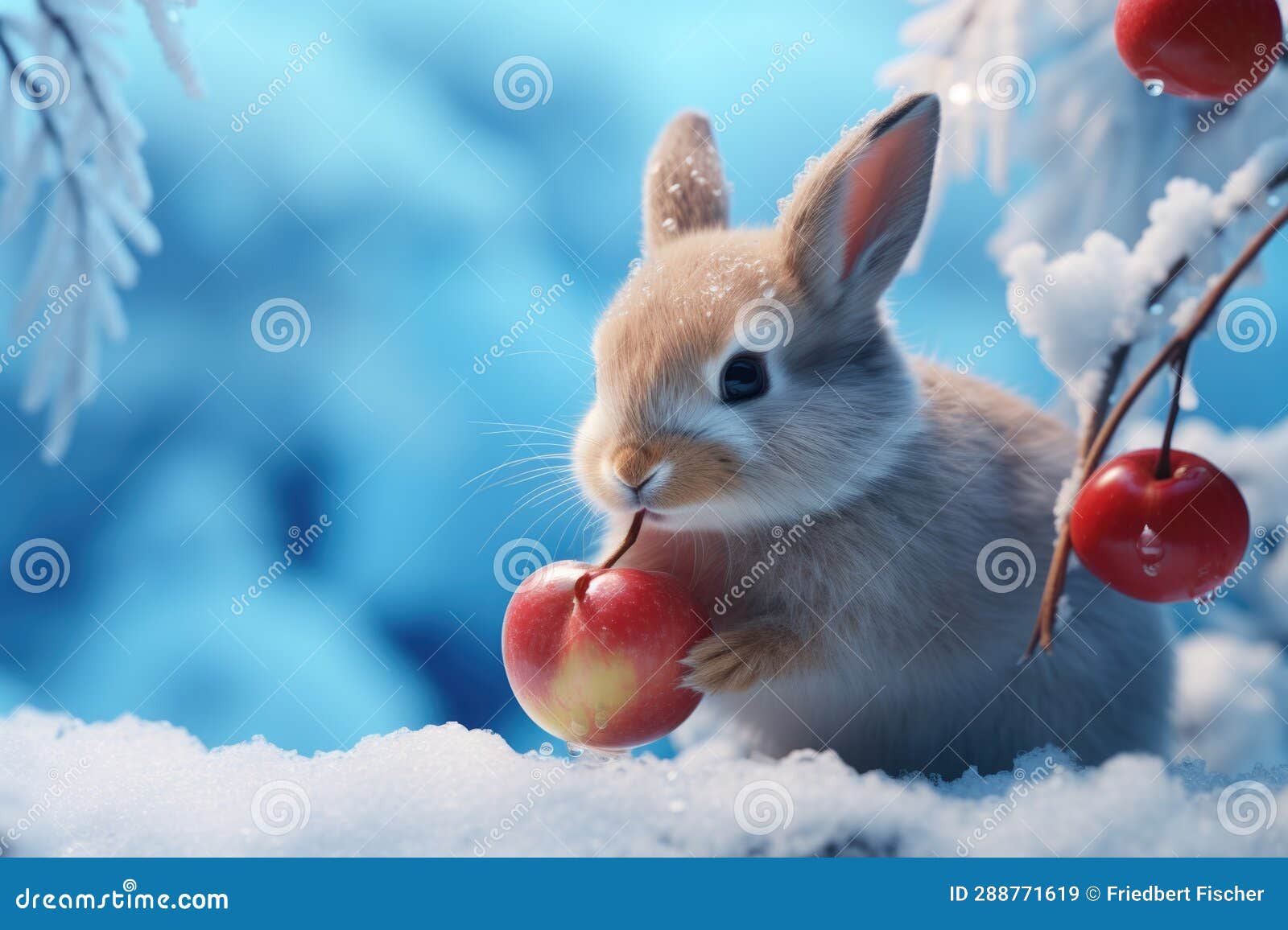 A Rabbit Eating an Apple in the Snow. Stock Image - Image of nature ...