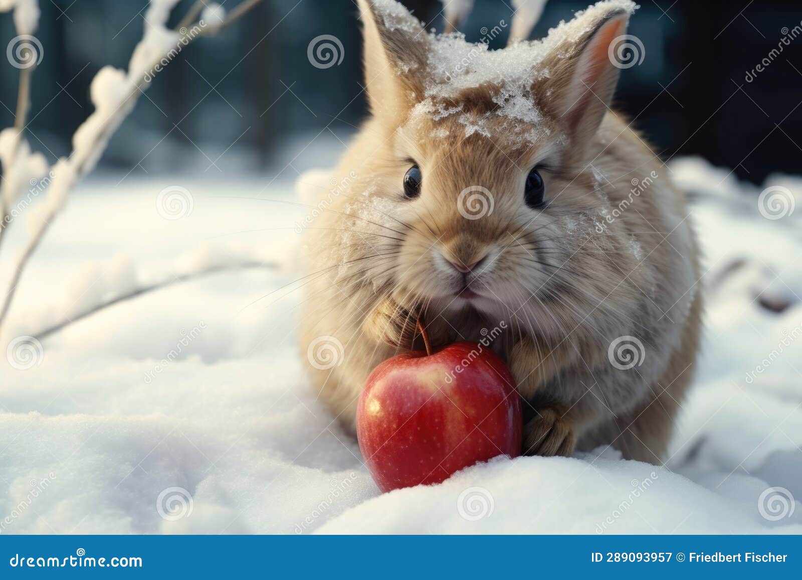 A Rabbit Eating an Apple in the Snow. Stock Image - Image of wild ...