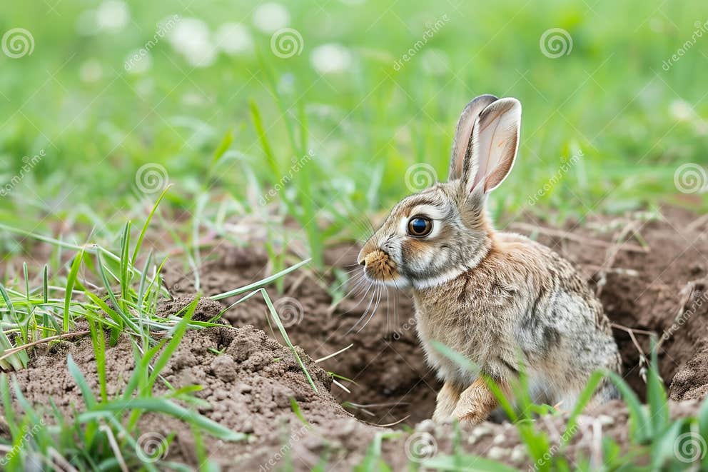 Rabbit Emerging from a Dirt Burrow in a Grassy Field Stock Image ...