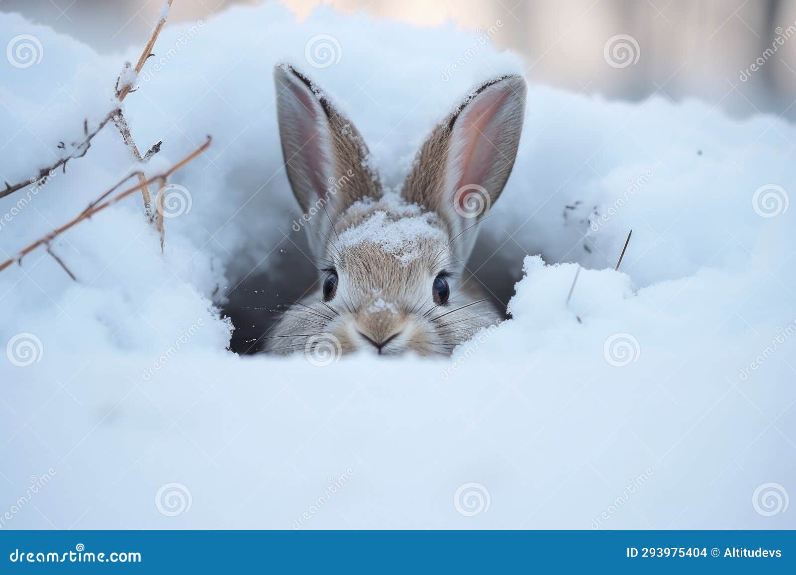 A Rabbit Emerging from Its Burrow after a Fresh Snowfall Stock Photo ...