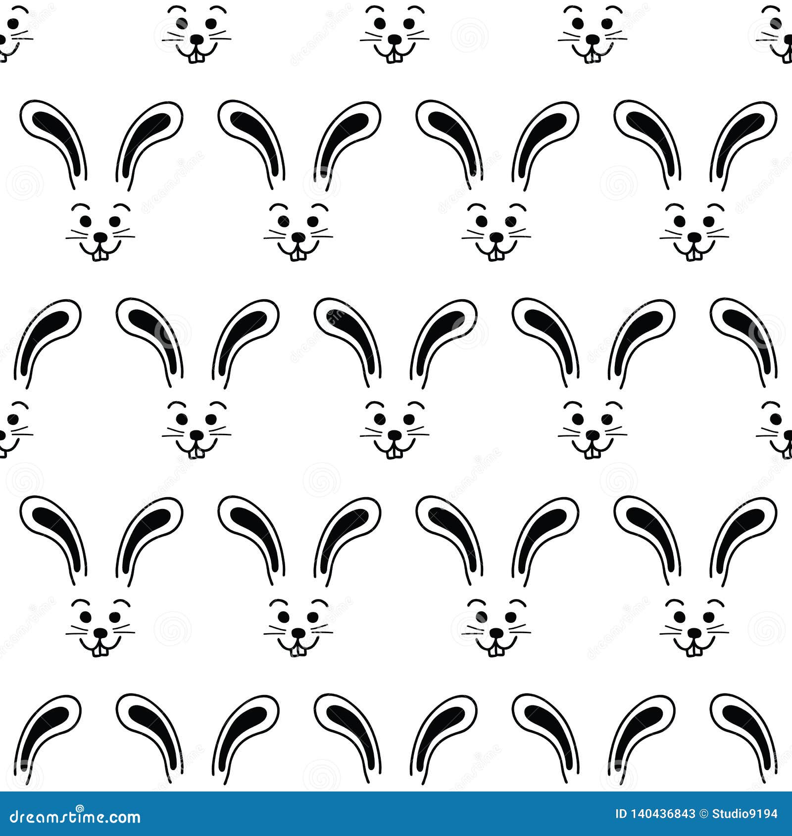 Rabbit Faces Seamless Vector Background. Cute Monochrome Bunny Pattern ...