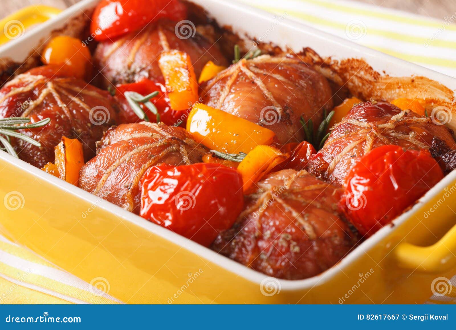 Rabbit Fillet Baked with Tomato and Pepper Close Up. Horizontal Stock ...