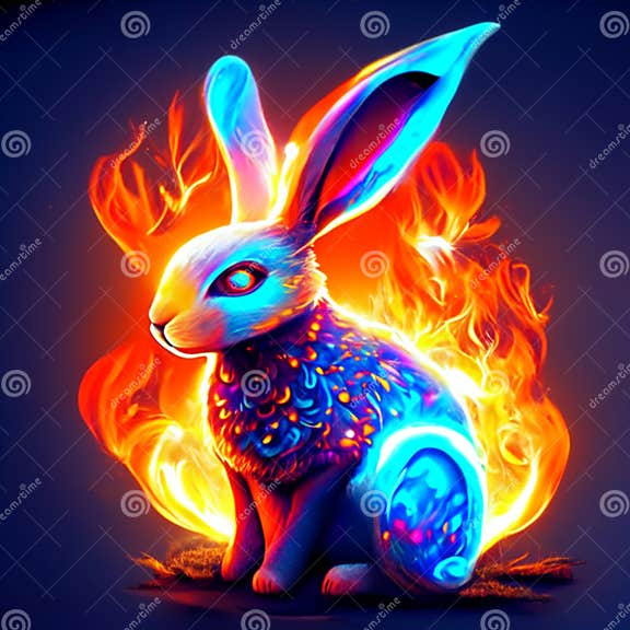 Rabbit with Fire on Black Background. Vector Illustration in Neon Style ...