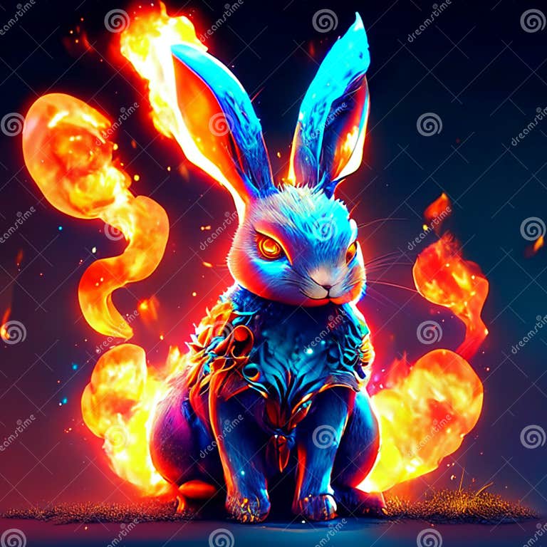 Rabbit with Fire Flames on a Dark Background. 3d Rendering Generative ...