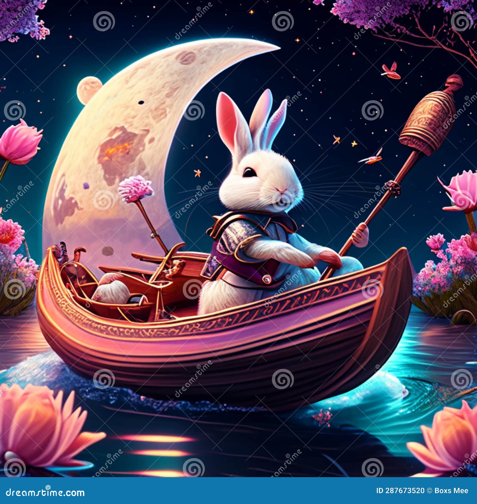 Rabbit Floating on a Boat in the Moonlight, 3d Illustration Generative ...