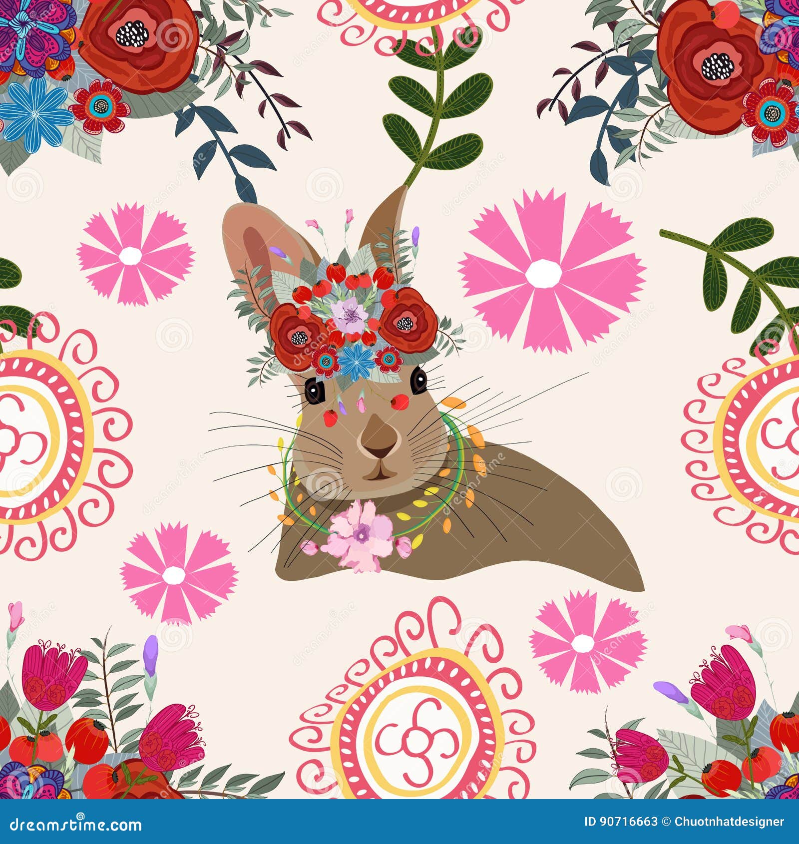 Rabbit Floral Background Pattern, Flower, Seamless Stock Vector ...