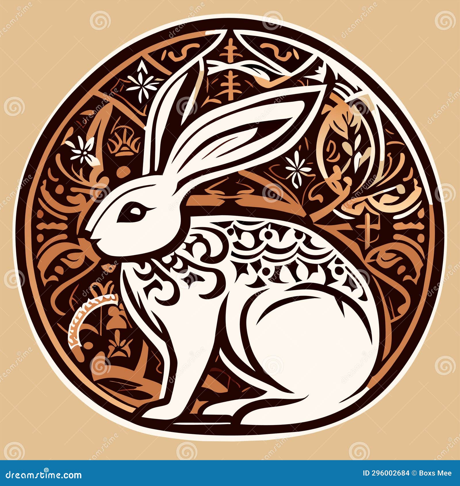 Rabbit with Floral Pattern on a Brown Background, Vector Illustration ...