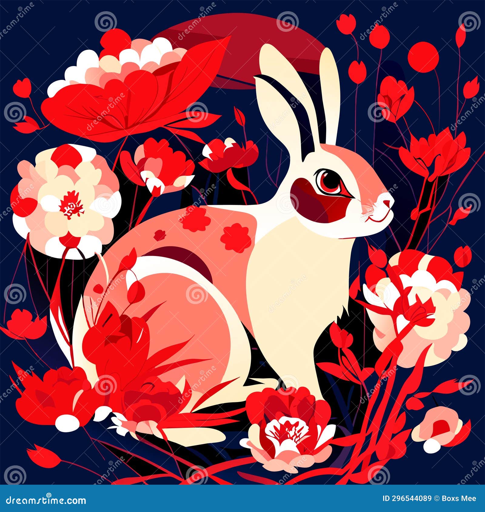 Rabbit and Flowers on a Dark Blue Background. Vector Illustration Stock ...