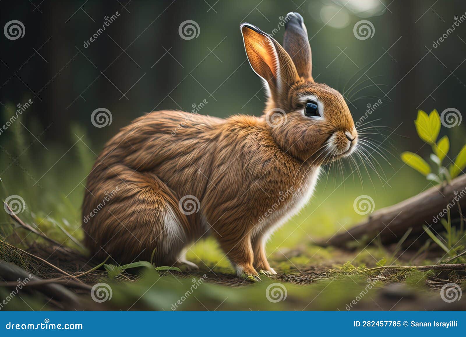 Rabbit in the Forest on a Background of Green Grass and Trees ...