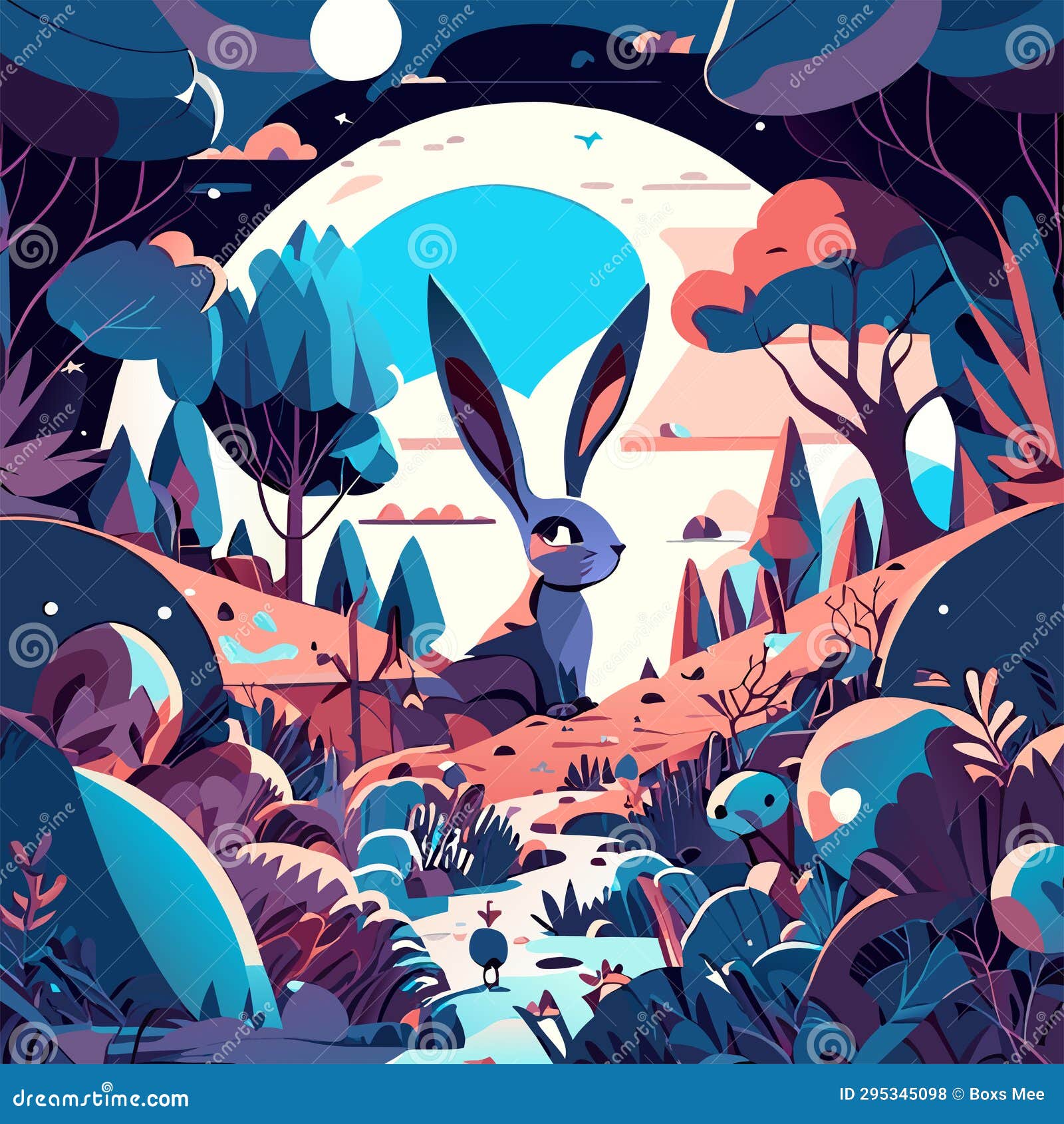Rabbit in the Forest at Night. Vector Illustration in Cartoon Style AI ...