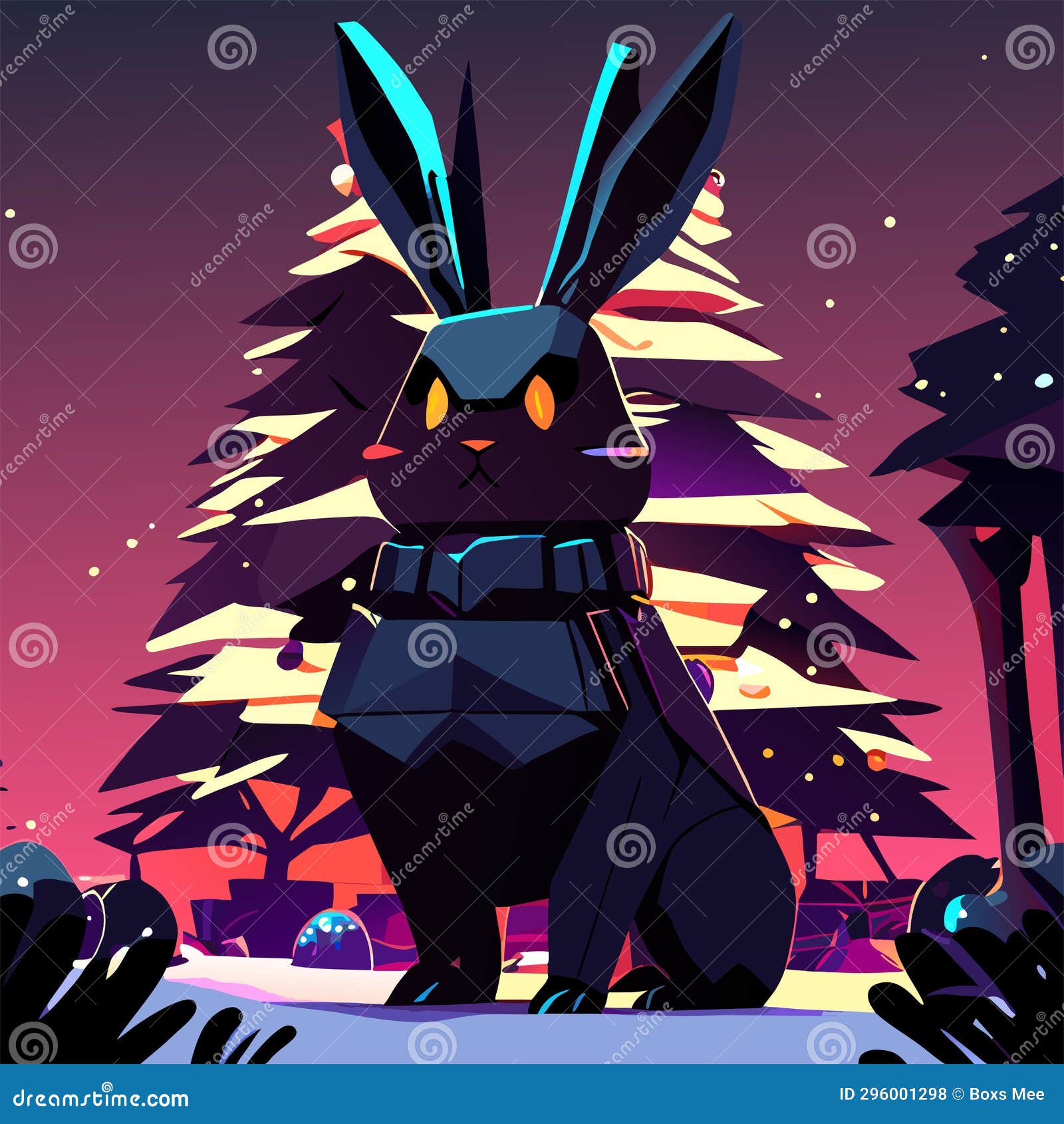 Rabbit in the Forest at Night. Vector Illustration in Cartoon Style ...