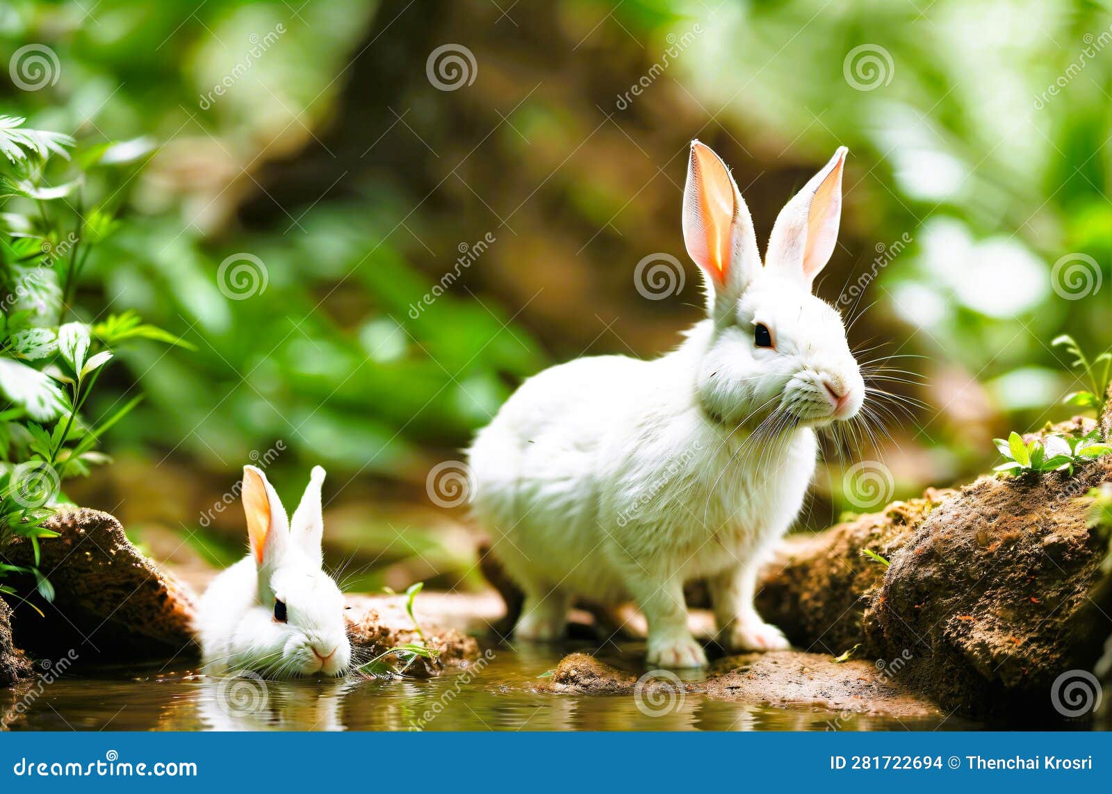 Rabbit in the Forest Playing in the Waterfall Stock Illustration ...