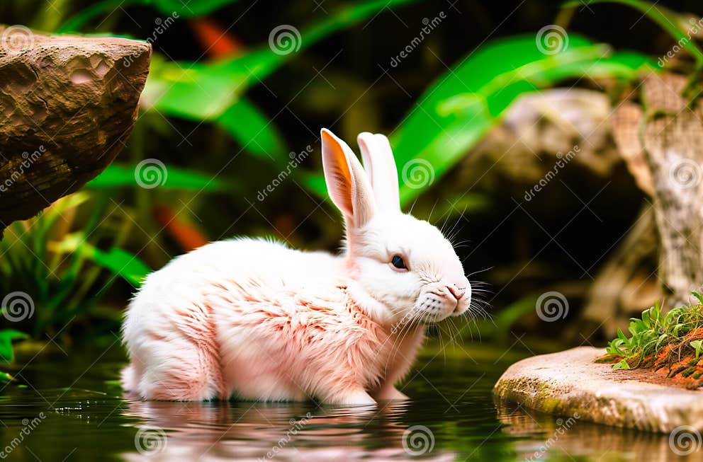 Rabbit in the Forest Playing in the Waterfall Stock Illustration ...