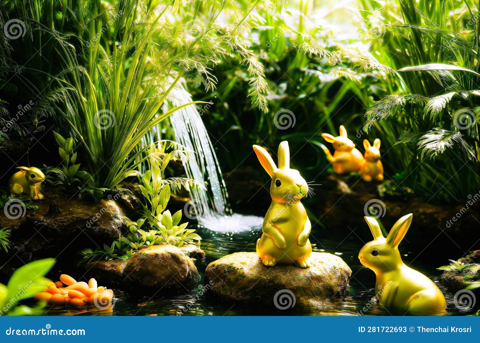 Rabbit in the Forest Playing in the Waterfall Stock Illustration ...