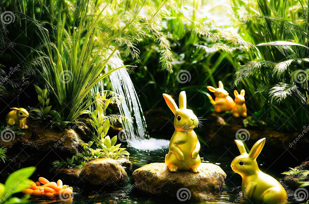 Rabbit in the Forest Playing in the Waterfall Stock Illustration ...