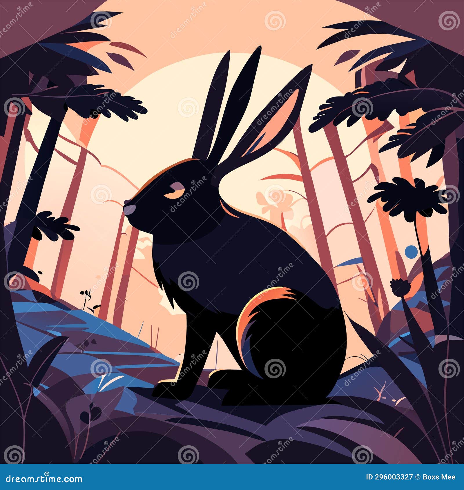 Rabbit in the Forest at Sunset. Vector Illustration in Flat Style AI ...