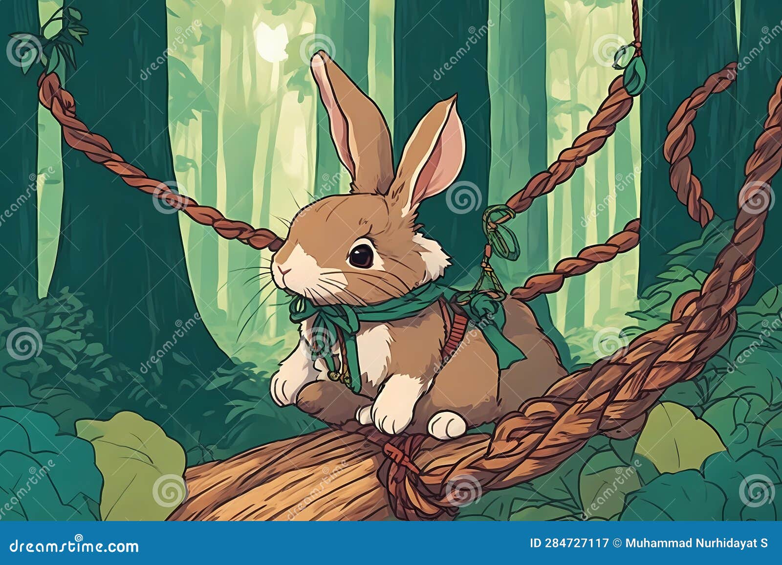 Rabbit in the Forest Tied Up with a Rope Ghibli Style Stock Image ...