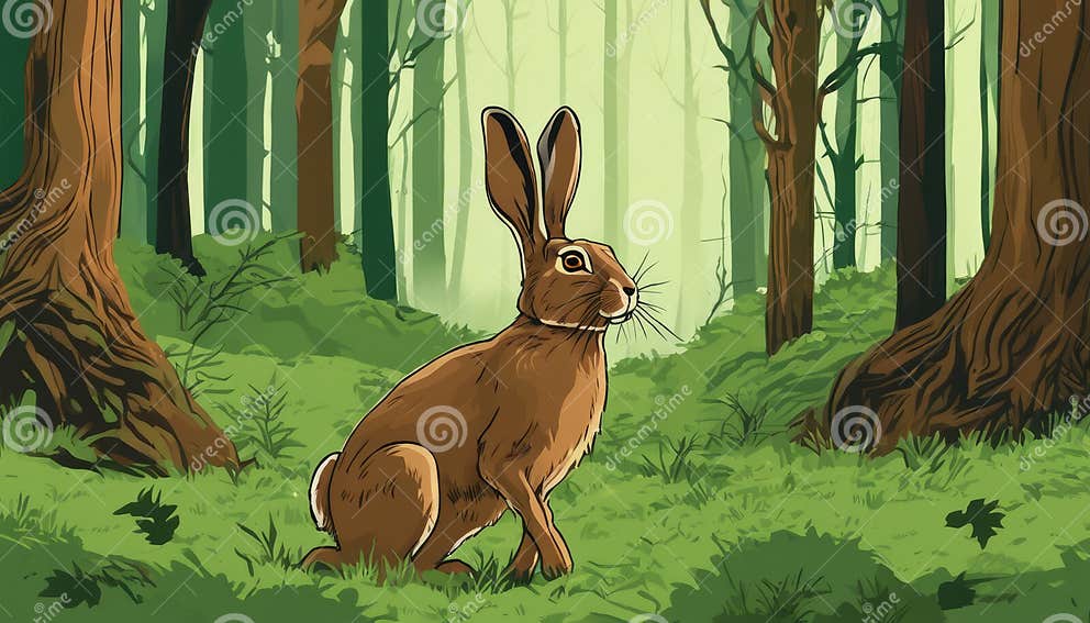 A Rabbit in a Forest with Trees in the Background Stock Illustration ...