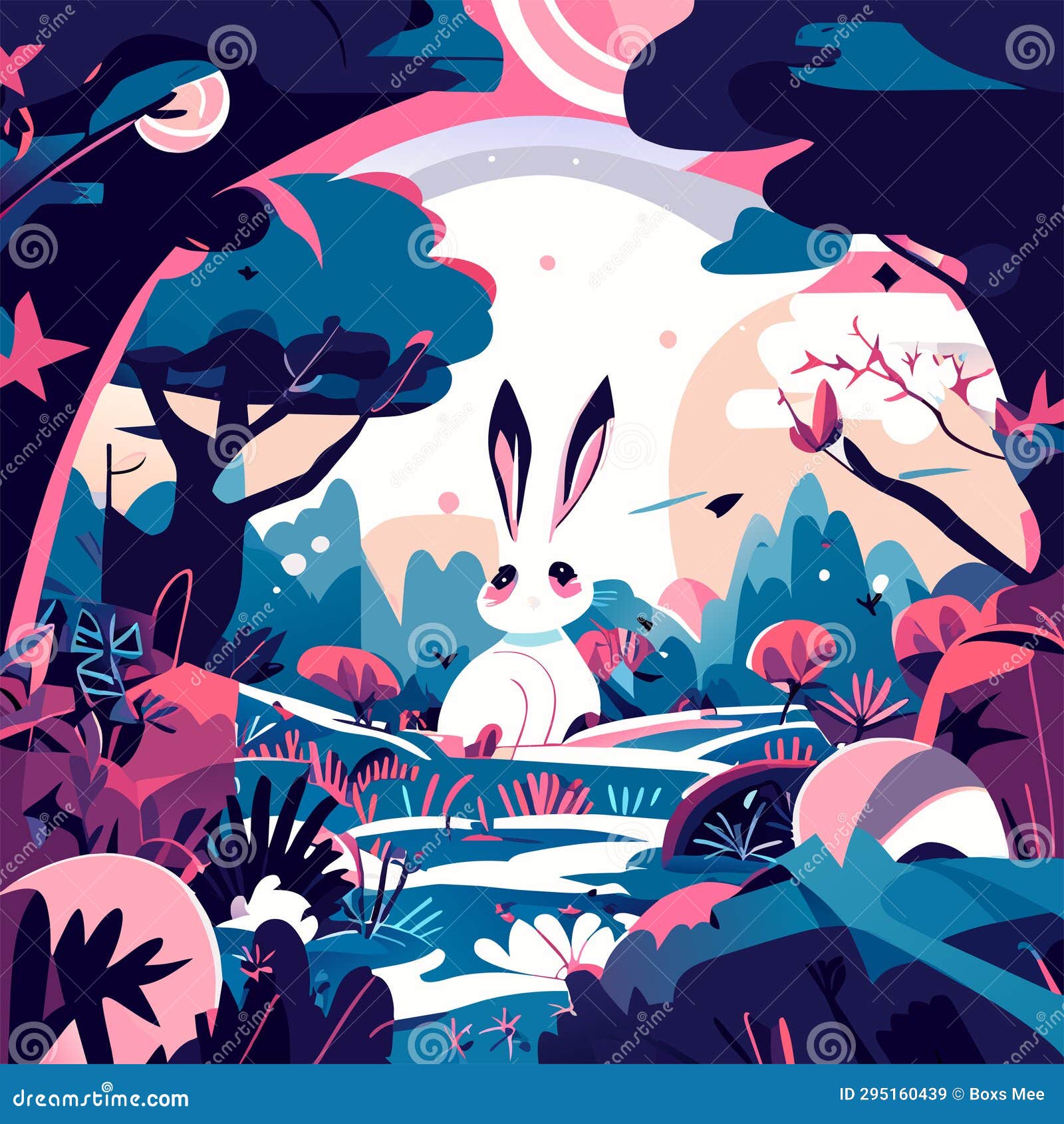 Rabbit in the Forest. Vector Illustration in Flat Cartoon Style Stock ...