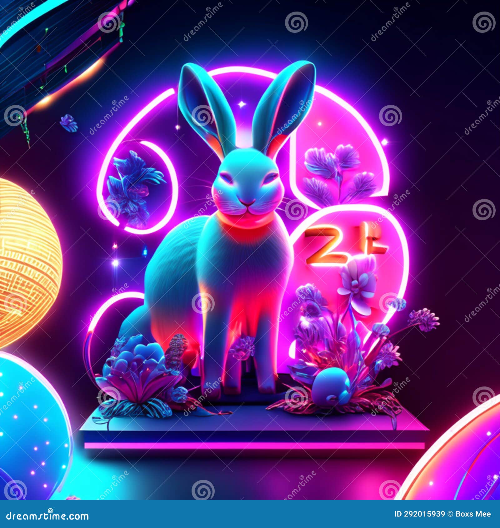 Rabbit in Front of a Glowing Neon Background. Vector Illustration Stock ...