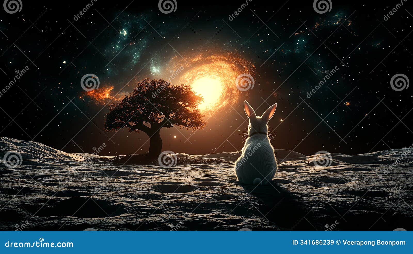Rabbit Gazing at Cosmic Landscape with a Tree Under a Starry Sky Stock ...