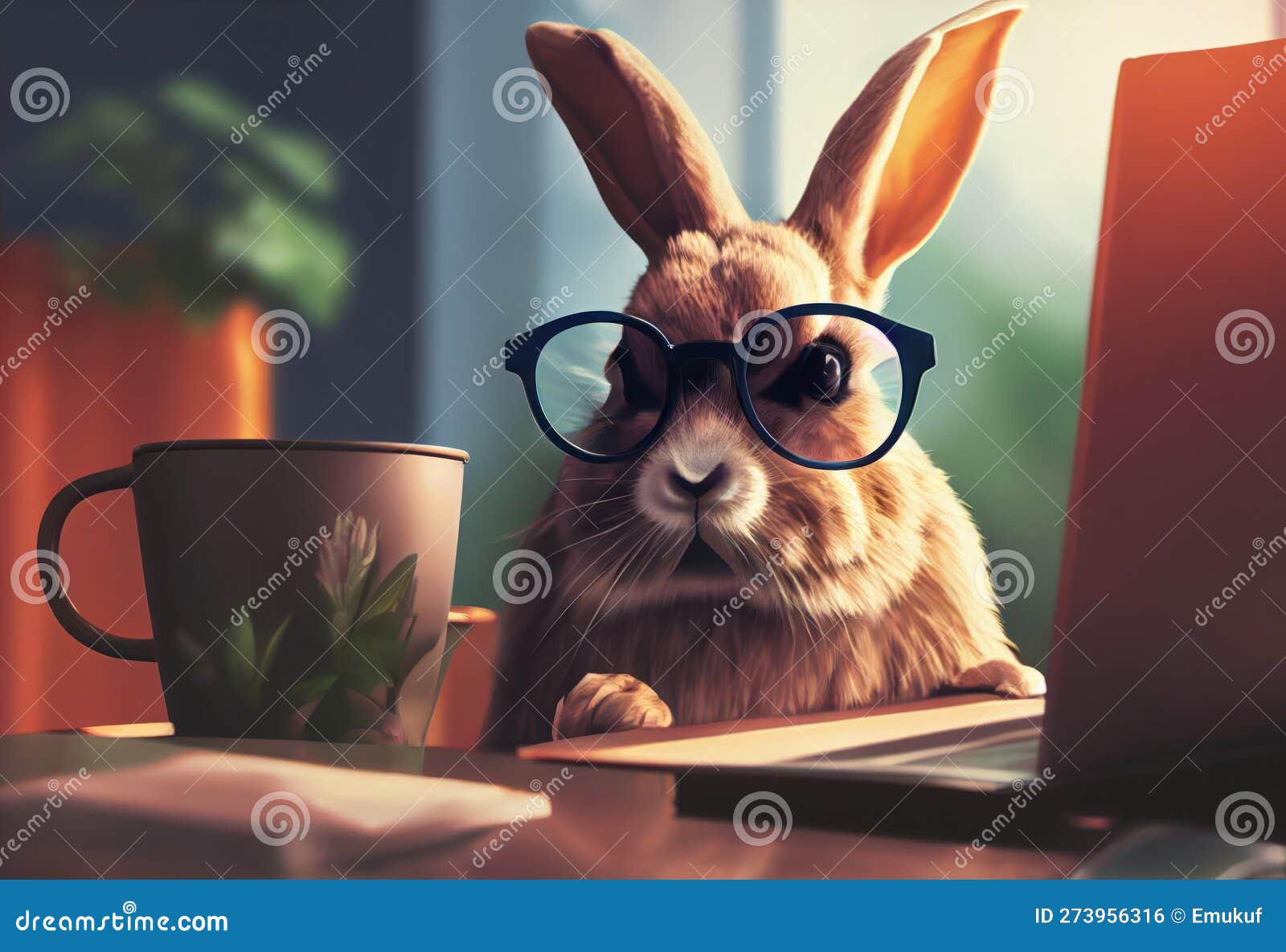 Rabbit in Glasses Office Worker at Workplace, Coffee Break Generative ...