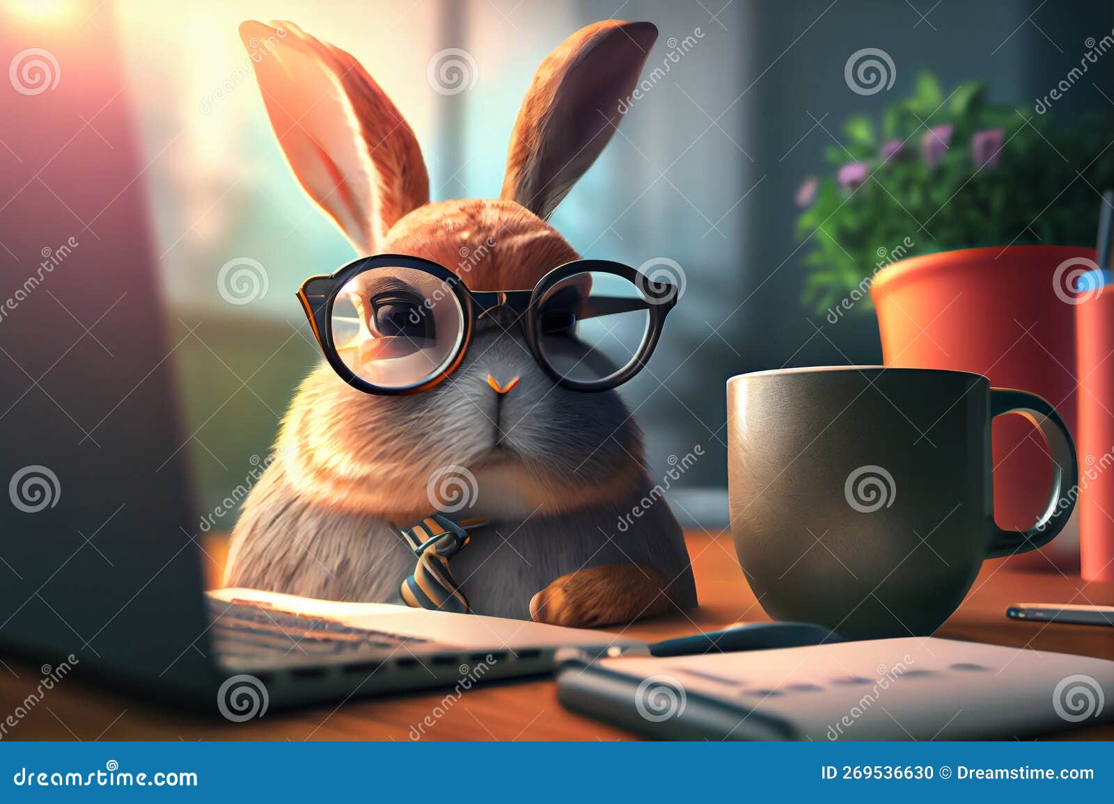 Rabbit in Glasses Office Worker at Workplace, Coffee Break Illustration ...