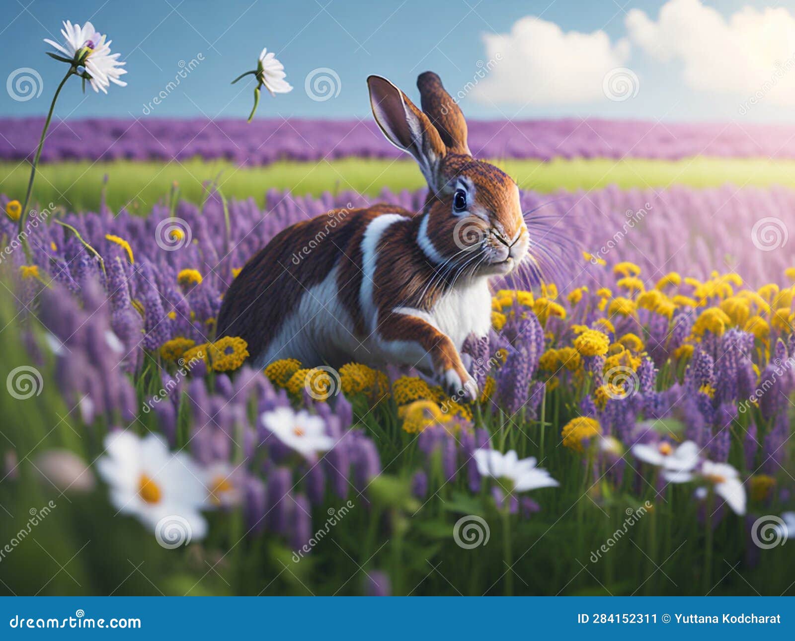 Rabbit on the green field stock illustration. Illustration of animal ...