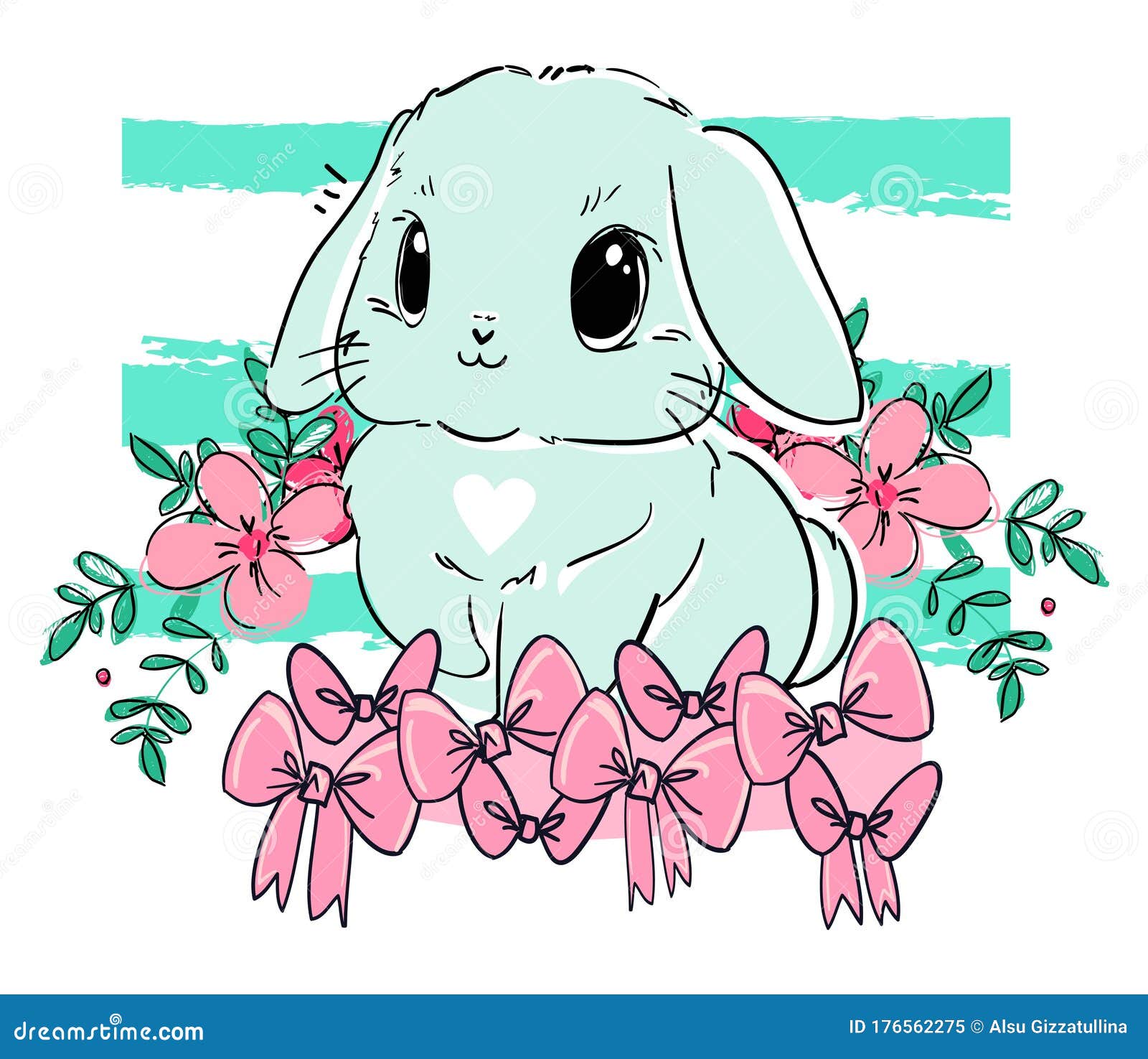 Rabbit. Hand Drawn Cute Bunny and Flowers. Vector Illustration Stock ...