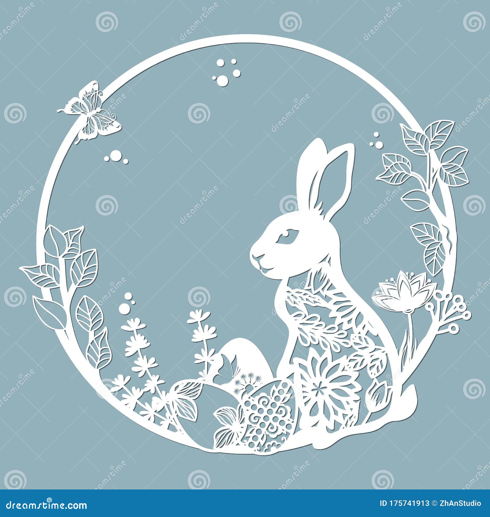 Rabbit, Hare in a Round Frame, with Patterns, Flowers, Butterflies ...
