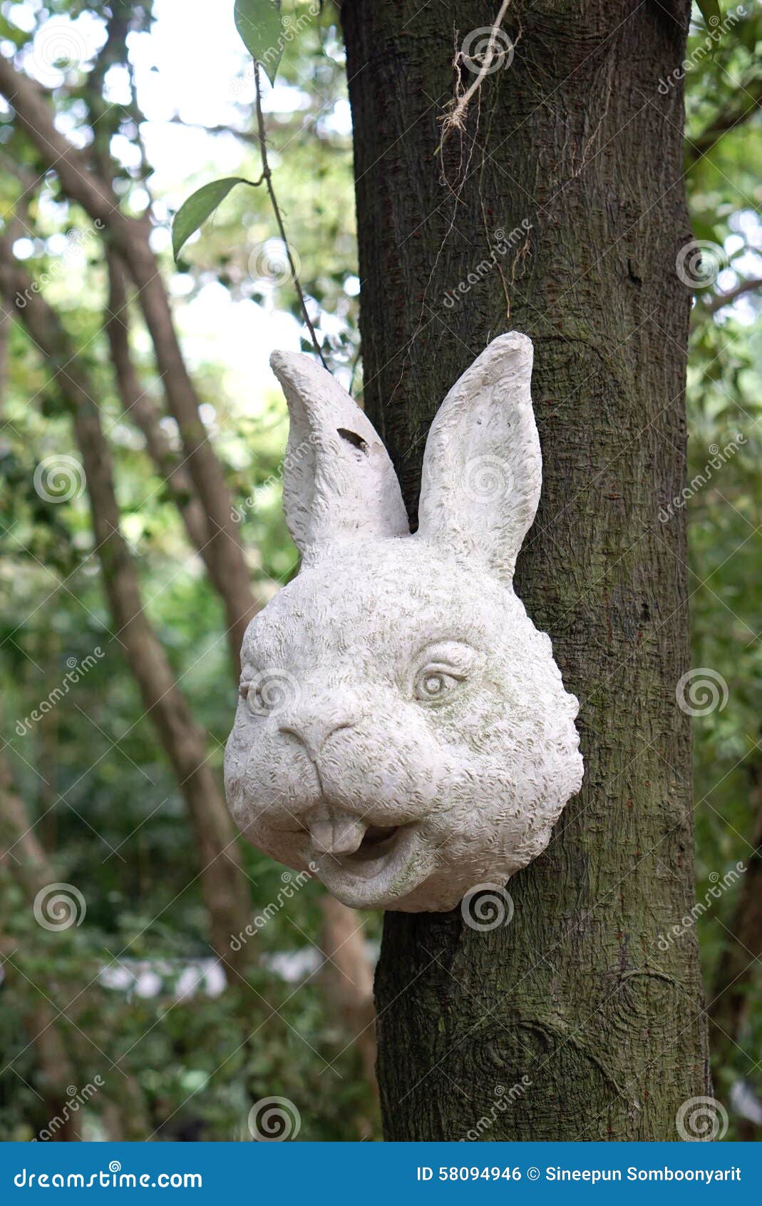 Rabbit Head Stone Sculpture Hanging on the Tree Stock Photo - Image of ...