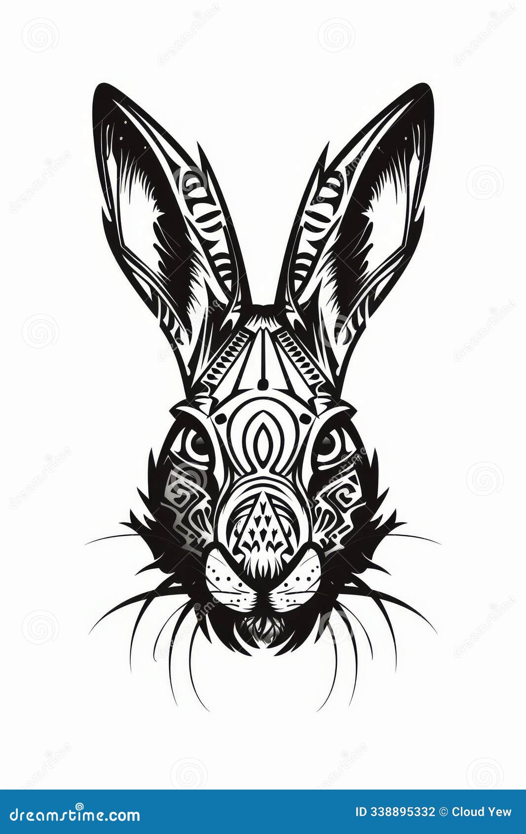 Rabbit Head with Tribal Designs in Simple Line Drawing. Stock ...