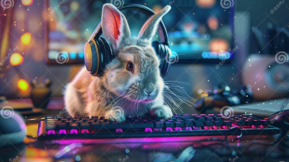 Rabbit in Headphones at Computer Stock Illustration - Illustration of world, workshop: 314138563