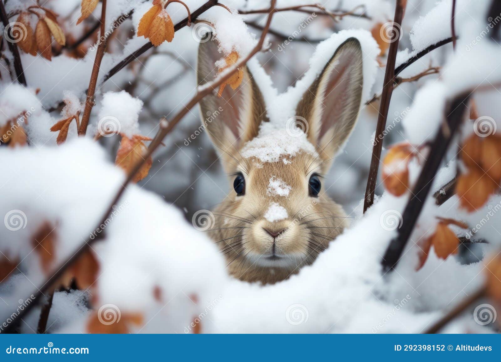 A Rabbit Hiding Under a Bush during a Snowstorm Stock Photo - Image of ...