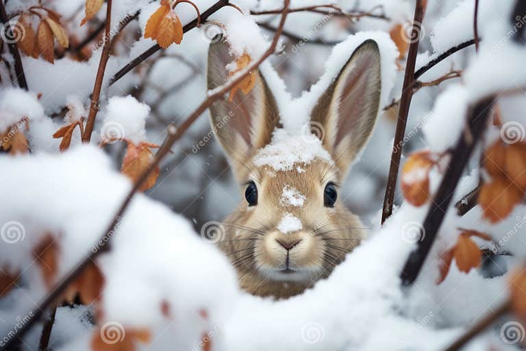 A Rabbit Hiding Under a Bush during a Snowstorm Stock Photo - Image of ...